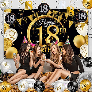 Happy 18th Birthday Party Decorations Kit, Black Gold Glittery Happy 18th Birthday Backdrop Banner Balloon 18th Birthday Hanging Swirls for Men Women 18th Birthday Party Decorations Supplies