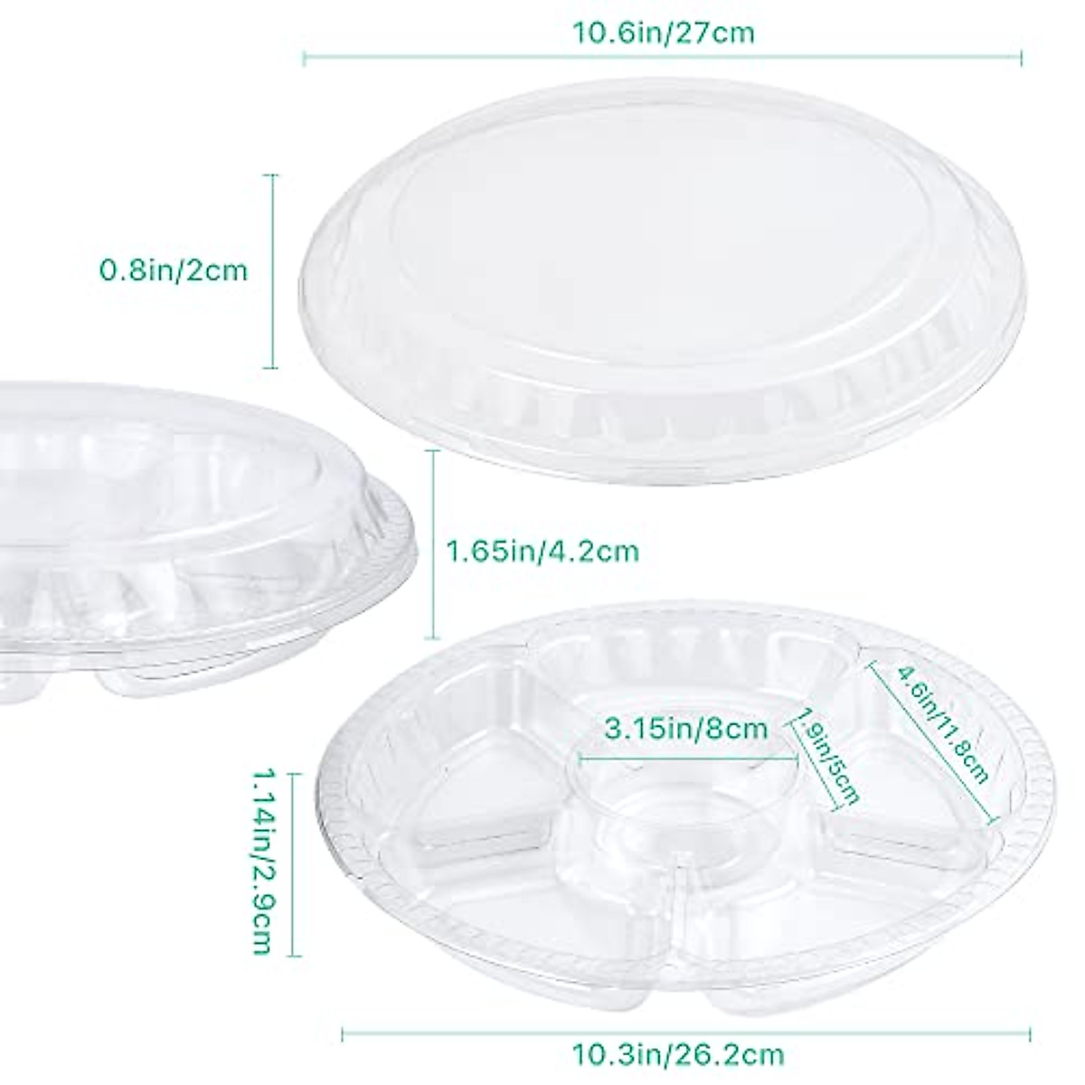 10 Pack Round Appetizer Serving Trays with Lids, 10 Inch Clear Plastic Veggie Fruit Snack Vegetable Food Serving Platters, Disposable Compartments 6 Sectional Catering Trays for Party and Buffet