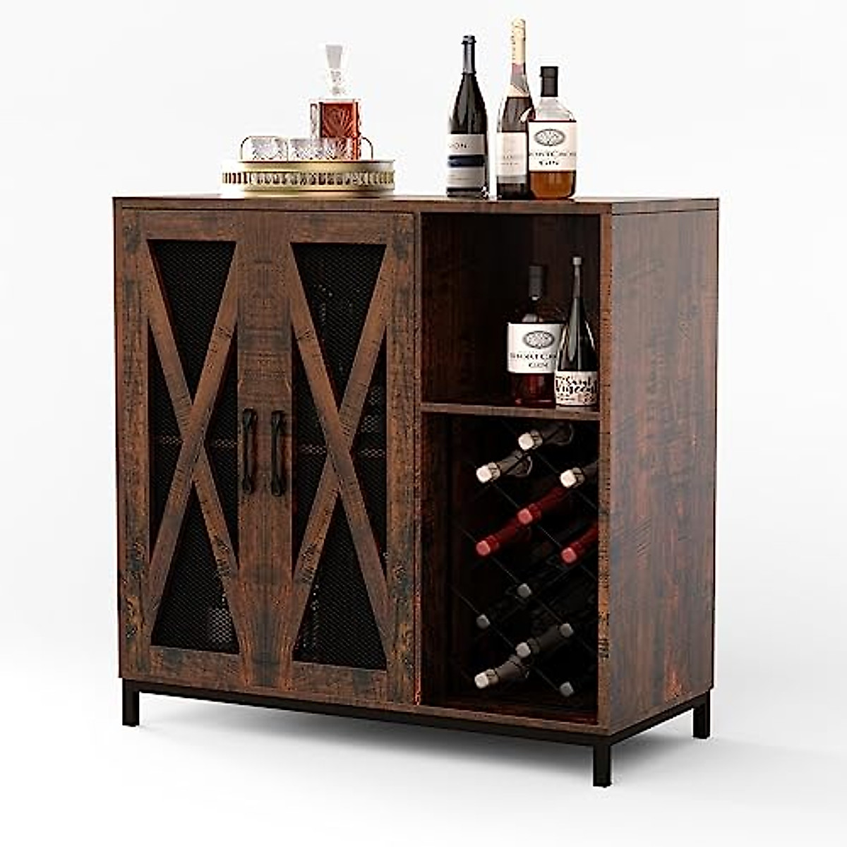 FROMJBEST Wine Bar Cabinet, Industrial Coffee Bar Cabinet with 2 Door and Shelf, Glass Holder, Accent Storage Cabinet, Buffet Sideboard for Dining Room, Kitchen