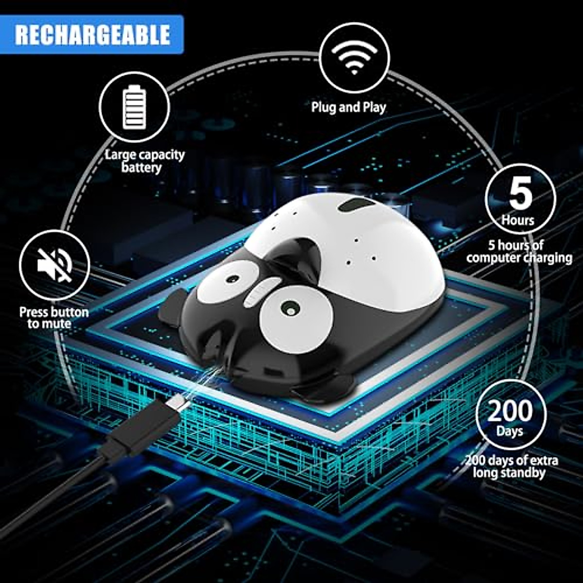 FLY WAY Cute Wireless Mouse, Cartoon Dog 2.4GHz Rechargeable Cordless Mouse with Nano USB Receiver Children Mice Kids Gaming Mouse for Notebook,Laptop,PC,Desktop (black)