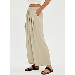 Beaully Women Linen Pants High Waist Wide Leg Palazzo Pants Casual Loose Long Trousers with Pockets 6096 Apricot Small