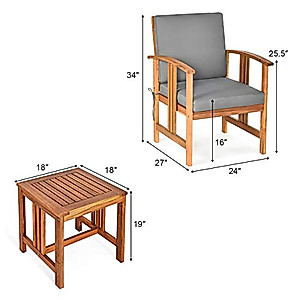 Tangkula 3 Pieces Patio Furniture Set, Includes Set of 2 Outdoor Acacia Wood Cushioned Chairs and Coffee Table, for Garden, Backyard, Poolside, Bistro and Deck, Patio Conversation Chat Set (Gray)
