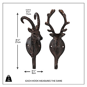 WHW Whole House Worlds Old Forge Stag and Ram Head Wall Hooks, Set of 2, Artisan Crafted, Hand Cast Aluminum, Rustic Brown, 8.25 Inches