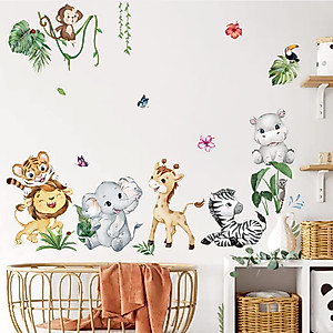 decalmile Jungle Animals Wall Decals Elephant Lion Giraffe Safari Wall Stickers Baby Nursery Kids Room Living Room Wall Decor