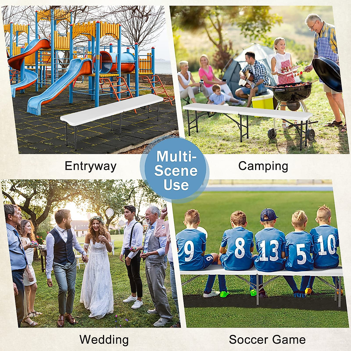 Plastic Folding Benches 6 Foot 2 Pack, Portable Outdoor Bench With Handle & Lock for Picnic Camping Dining Soccer Entertaining Activities, 660LBS, No Assembly