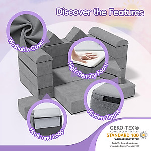 Xilingol Kids Couch Toddler Couch, 10Pcs Kids Modular Play Couch, Kids Sofa with Ottomans, Convertible Foam Couch Play Set for Creative Child, Kids Furniture for Playroom (Gray)