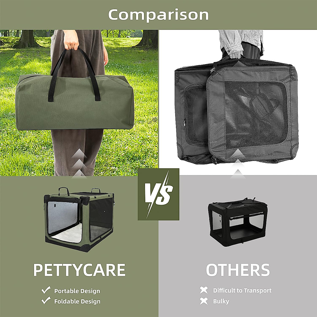 Pettycare 36 Inch Stainless Steel Collapsible Dog Crates for Large Dogs, 4-Door Soft Sided Kennel for Travel, Portable Foldable Pet Crate with Durable Mesh Windows, Indoor & Outdoor, Olive Green