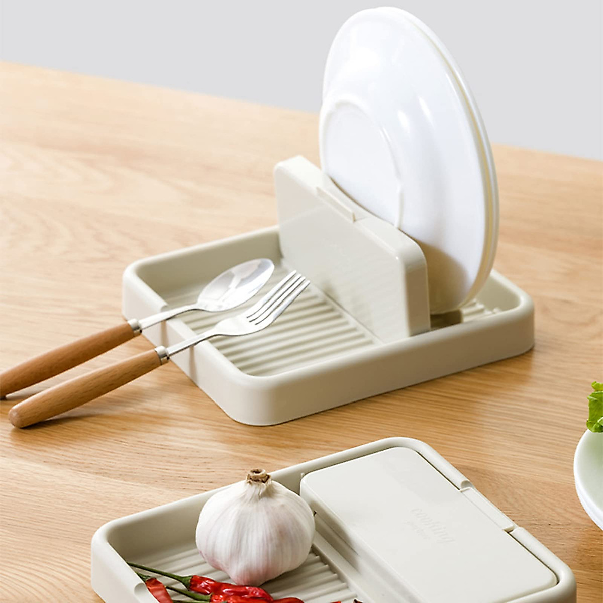 ZWMBYN 2PCS Spoon Rest Pan Pot Lid Holder Rack, Foldable Pot Pan Cover Stand, Countertop Storage Shelf with Drip Tray, Holder Rack for Spatula Soup Spoon