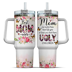 Mom Ugly Children Watercolor Floral, Tumbler 40 Oz With Handle Lid And Straw, Cups Primrose For Yellow Insulated Quartz Heart Handle Simple Modern Rose, Best Mom Ever Gifts