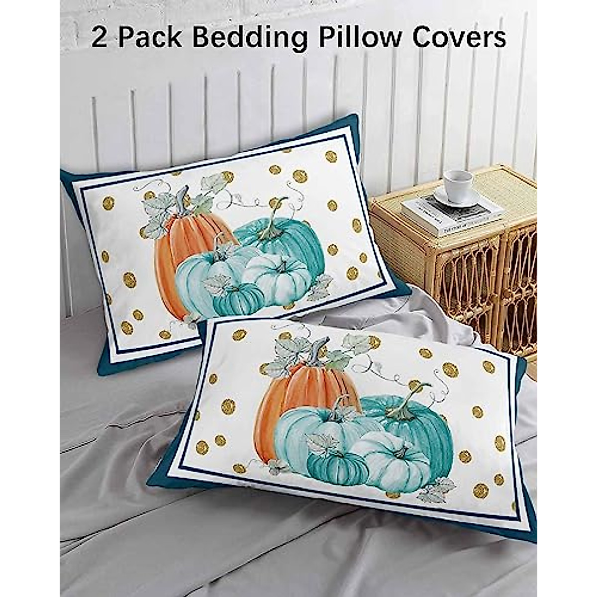 Thanksgiving Pillow Covers King Standard Set of 2 Bed Pillow, Fall Pumpkin Yellow Polka Dots Navy Blue Lace Plush Soft Comfort for Hair/ Skin Cooling Pillowcases with Envelop Closure 20''x36''