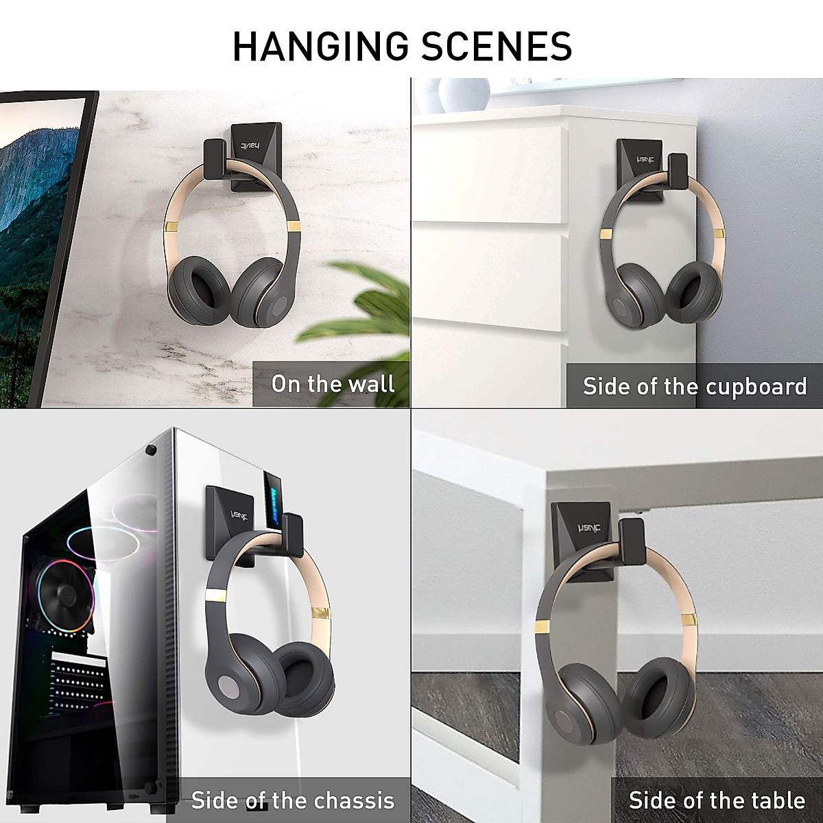 havit PC Gaming Headset Headphone Stand Holder Hanger Hook 2 in 1 Headphones Stand Aluminum Pole Solid Base Rubber Anti-Slip for Desk Wall Desk Compatible All Headphone