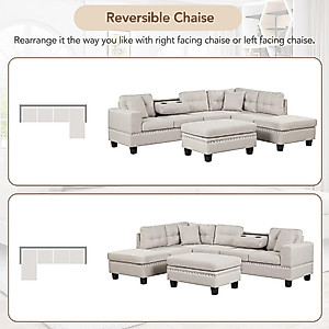 P PURLOVE Sectional Sofa with Reversible Chaise and 2 Pillows, Linen L-Shaped Sofa with Storage Ottoman and Cup Holders, Sectional Couche Living Room Furniture Sets (Light Gray)