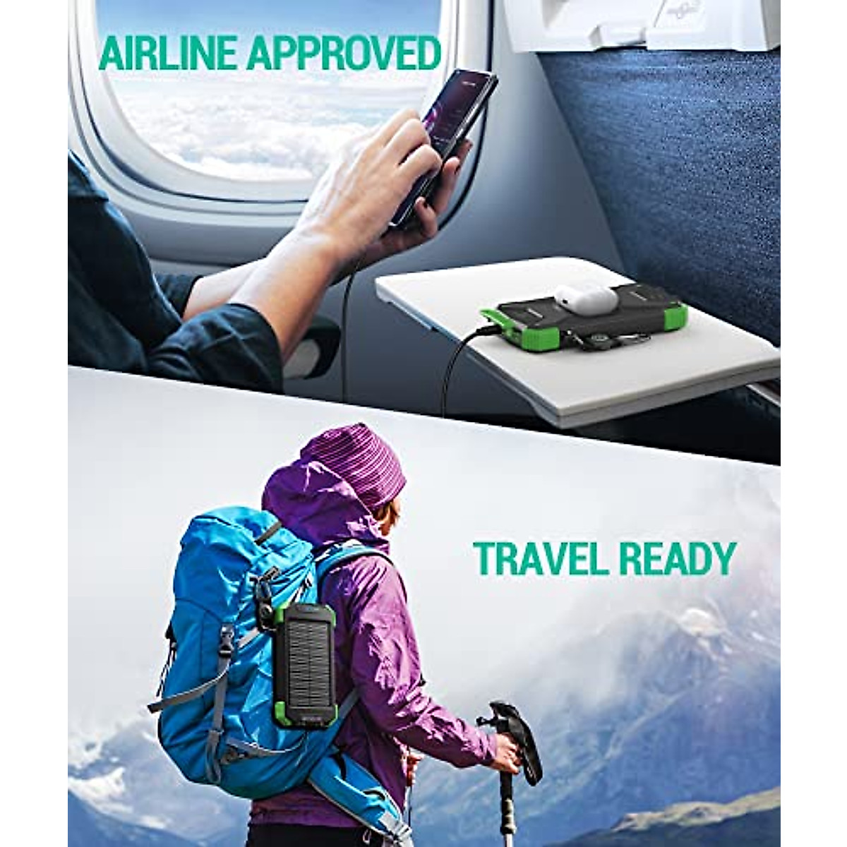 BLAVOR Solar Charger Power Bank, Qi Wireless Charger 10,000mAh External Battery Pack Type C Input Output Dual Super Bright Flashlight, Compass Carabiner, Solar Panel Charging(Dark Green)