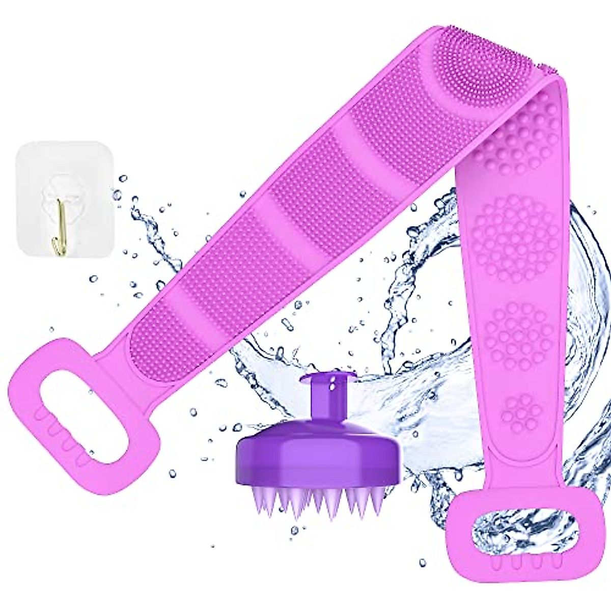 NeeRockz - Silicone Body Scrubber and Scalp Massager Set, 3-Inch Scalp Exfoliator and Dual-Sided 31.5-Inch Back Scrubber for Shower, Ergonomic Hair Massager and Bath Scrubber