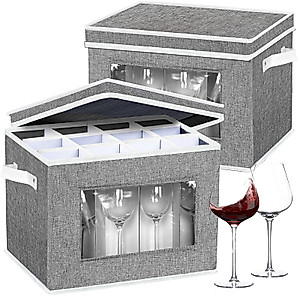 homyfort 2 Pack Stemware Storage Cases, Wine Glass Storage Box with Dividers, China Crystal Glass Storage Containers Organizer for 24 Glassware Moving and Protection (Grey)