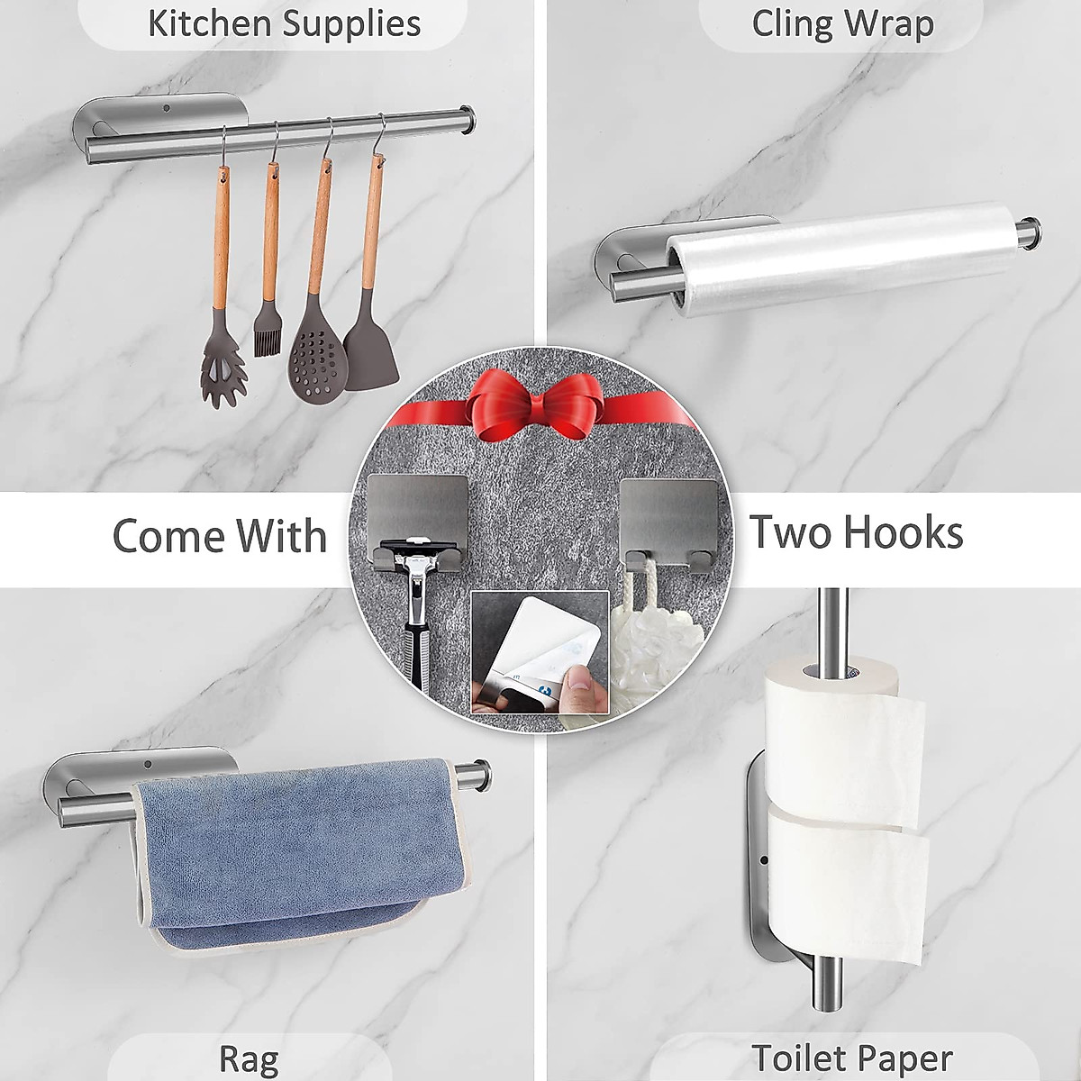 Paper Towel Holder Under Cabinet, Adhesive Paper Towel Holders Wall Mount, SUS 304 Stainless Steel Silver