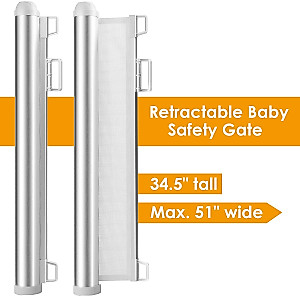 Costzon Baby Mesh Retractable Gates, Extra Wide Flexible Extension Safety Gate/Pet Dog Gate for Stairs/Doors/Hallways, Waterproof Rustproof Aluminum Pets Gate (White)