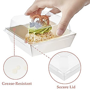 Ocmoiy 50Pk Paper Charcuterie Boxes with Clear Secure Lids, 4" Square Disposable To-Go Dessert Containers White Bakery Boxes for Strawberries, Cookies, Cake Slice, Brownies and Cinnamon Rolls