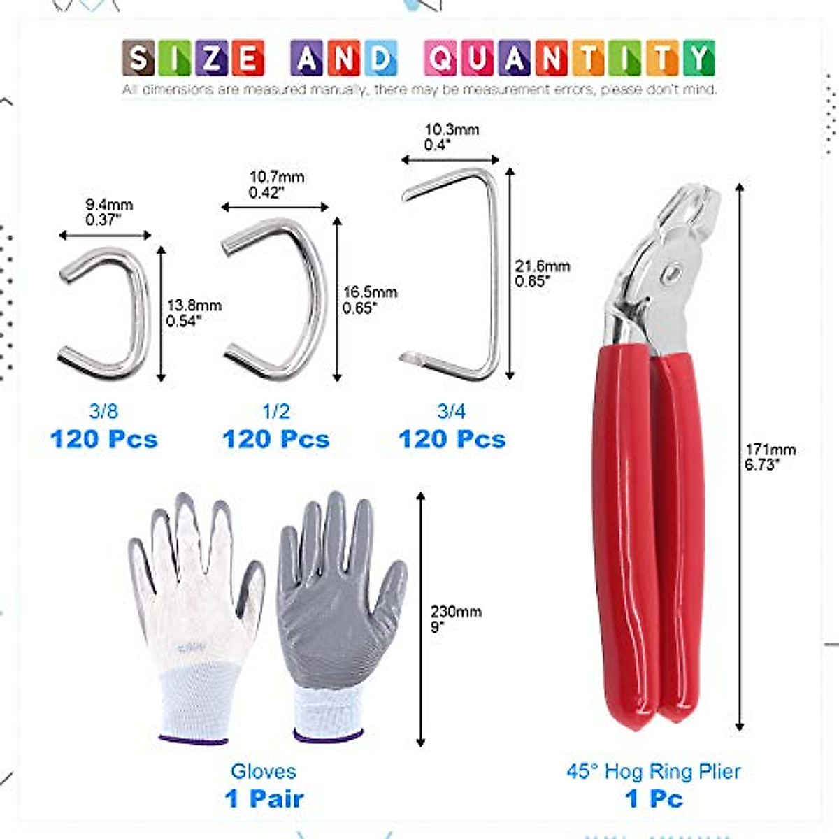 Glarks 362Pcs Hog Ring Pliers with Hog Rings Kit, 360Pcs 1/2'' 3/4'' 3/8'' Steel Hog Rings with Angled Hog Ring Pliers and Anti-Cutting Gloves for Upholstery, Fencing, DIY Craft, Furniture and more