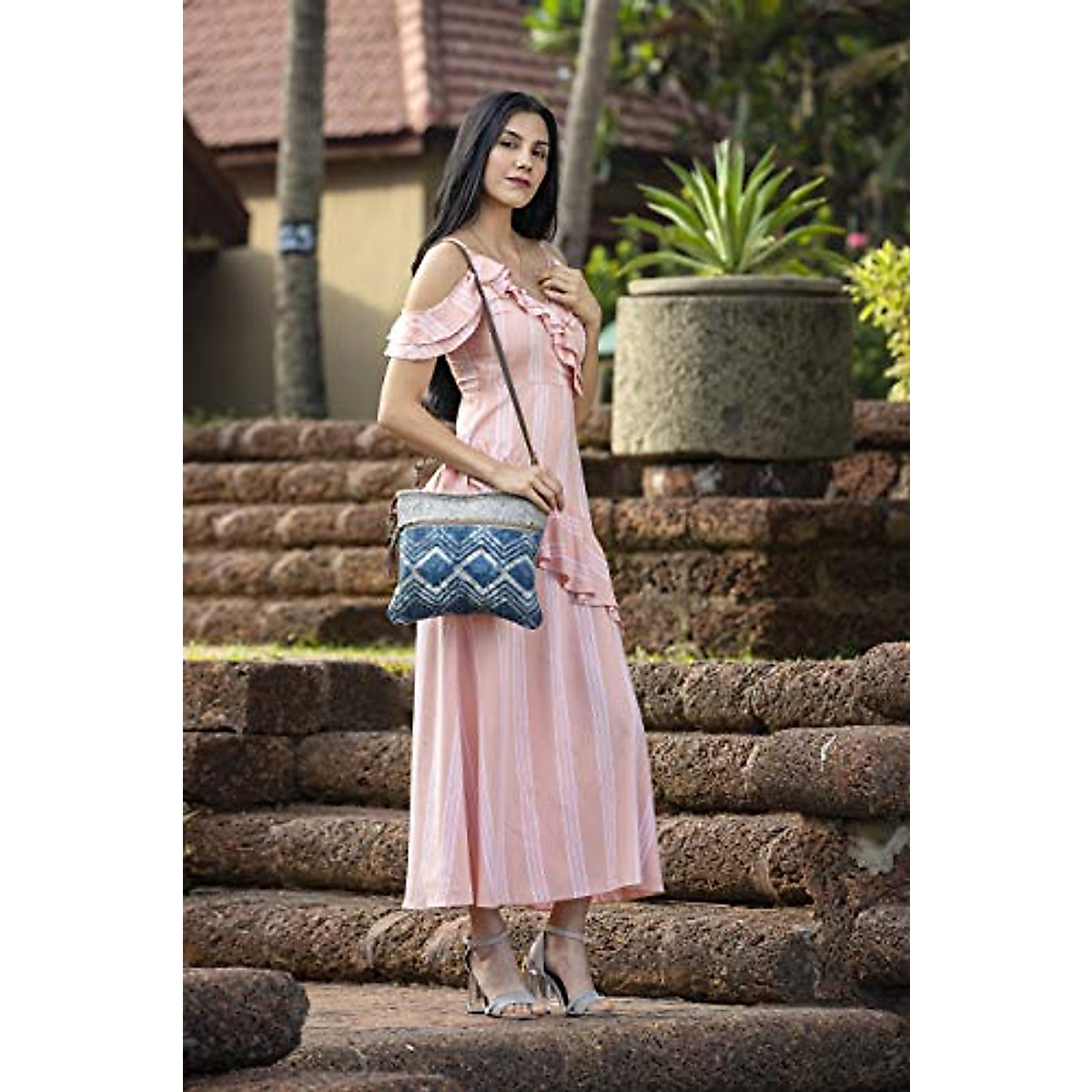 Myra Bag Floto Blue Upcycled Canvas & Cowhide Leather Crossbody Bag S-1575