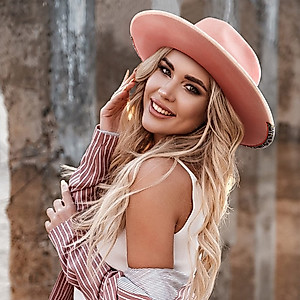 FEMSÉE Fedora Hats for Women 100% Wool Wide Brim Tie-Dyed Felt Hat for Women (Pink)