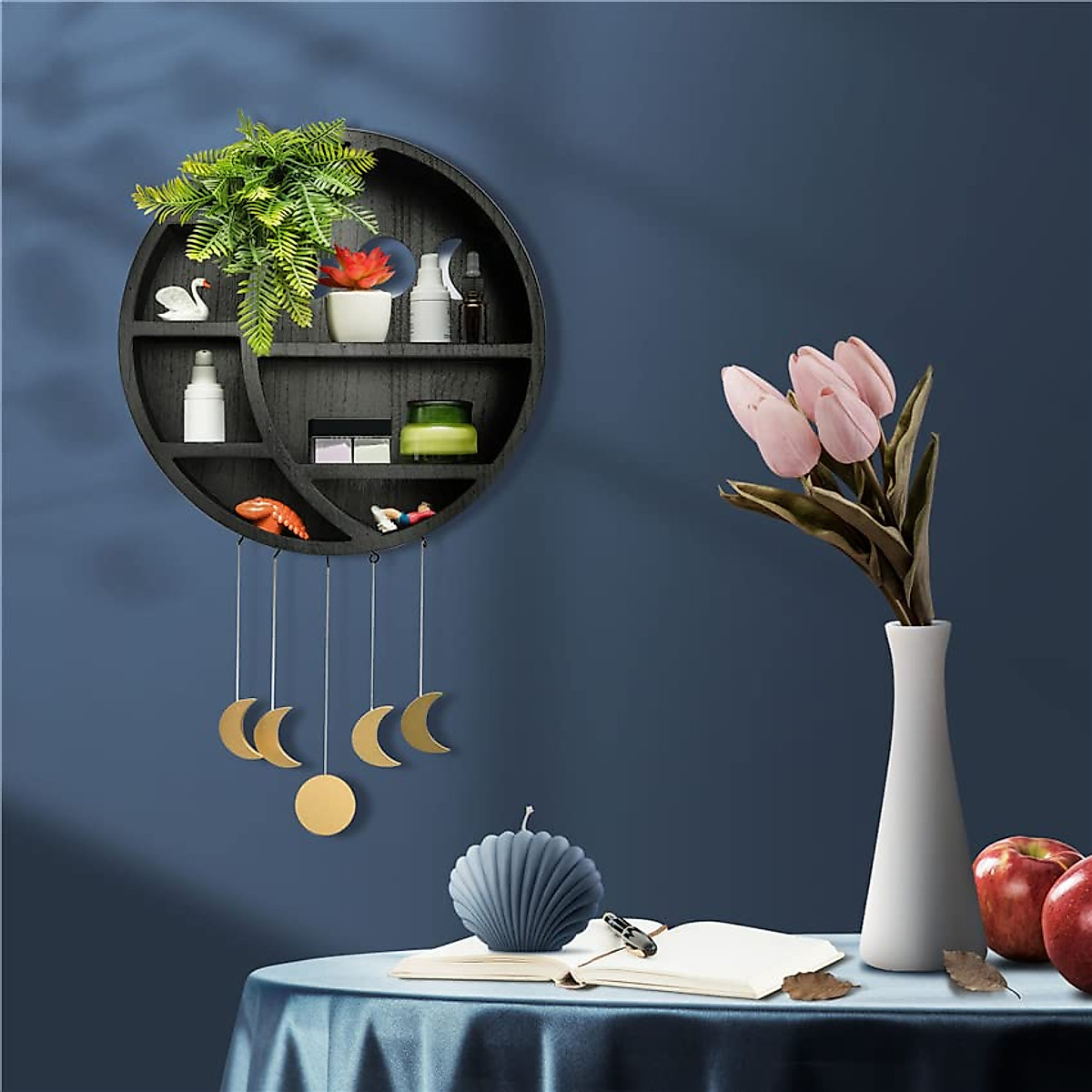 8PCS Black Moon Shelf with Plants, 5Hanging Moons and Swam|14”Crescent Moon Shelf for Crystals Stone, Essential Oil, Plant and Art| Crystal Holder Farmhouse Shelves, Wooden Hanging Floating Shelves