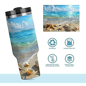 FRCSDIY Beach Shells Insulated Tumbler with Handle and Straw Lid,40oz Leakproof Stainless Steel Cup BPA-Free Water Bottle