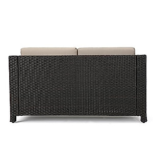 Christopher Knight Home Puerta Outdoor Wicker Loveseat with Cushions, Dark Brown / Beige Cushions
