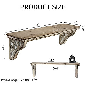 ZONECYTD Rustic 24 inch Long Wood Floating Shelves for Wall, Hanging Farmhouse Large Set of 2 Boho Bedroom Bathroom Kitchen Storage Mounted Wall Shelf with Wooden Bead, Brown