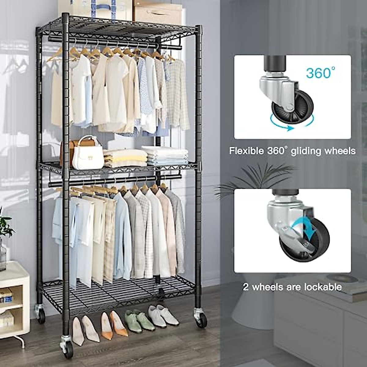 FUTASSI Portable Closets, Heavy-Duty Garment Rack with Shelves and Hanger Rods, Rolling Freestanding Wardrobe System, Clothes Organizers and Storage with 2 Lockable Casters, 30"W x 14"D x 76"H, Black