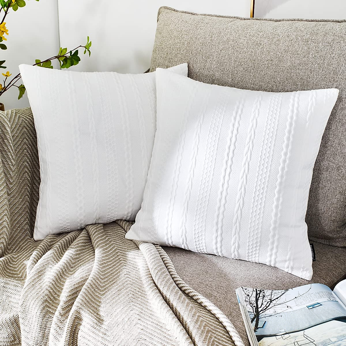 Booque Valley Pack of 2 Decorative Throw Pillow Covers, Ultra Soft Modern Braid Patterned Square White Cushion Covers Stretchy Pillow Cases for Sofa Couch Bedroom(18 x 18 inch, White)