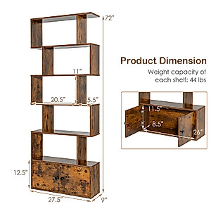 Tangkula S Shaped Bookshelf with Cabinet, 6-Tier Bookcase with Doors, Freestanding Geometric Bookshelves for Living Room, Anti-toppling Device, Home Office Wood Storage Display Shelf (1, Rustic Brown)