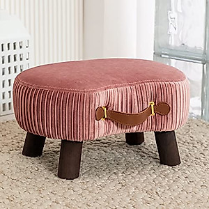 Small Curved Foot Stool with Handle, Pink Velvet Footstool and Ottomans, Modern Foot Rest with Wooden Legs, Step Stool with Padded Seat for Couch, Living Room