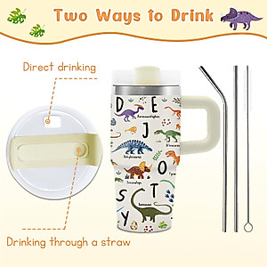Dinosaur Gift for Kids, Alphabet Dinosaur Tumbler with Handle and Straw for Kids 14 Oz, Insulated Stainless Steel Dino Mugs for Toddlers Boy, Birthday Gifts for Little Boys Son Grandson