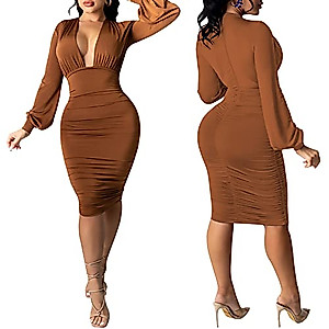 Women's Sexy Deep V Neck Dress Long Sleeve Ruched Bodycon Midi Club Dresses Brown-a Large