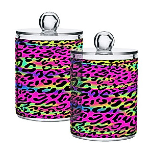 ALAZA Rainbow Leopard Print 4 Pack Qtip Holder Dispenser with Lid 14 Oz Clear Plastic Apothecary Jar Containers Jars Bathroom for Cotton Swab, Ball, Pads, Floss, Vanity Makeup Organizer
