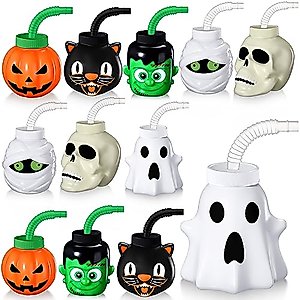 Umigy Halloween Cup for Kids 10 oz Halloween Reusable Plastic Cup Bulk Halloween Skull Ghost Mummy Green Giant Black Cat Pumpkin Shape Cup with Lid and Straw for Gift Party Favor Supplies (12 Pack)
