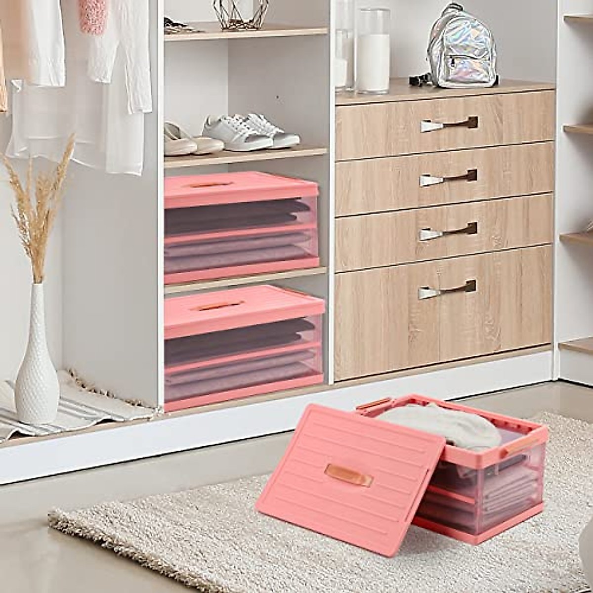 Transparent Storage Container Collapsible Storage Box with Lid Plastic Storage Bin Toy Organizer Stackable Book Box Clear Folding Utility Crate Tote Closet Shelf Basket - Pink