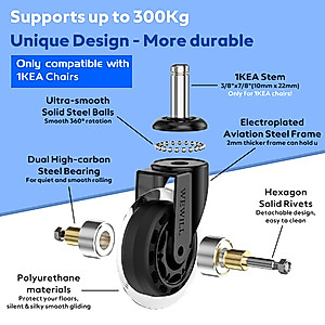 WEWILL Office Chair Caster Wheels 3" Rubber Replacement Chair Casters Up to 300KG Load Capacity Best Protection for Your Hardwood Floors and Carpet（10MM*22MM)）