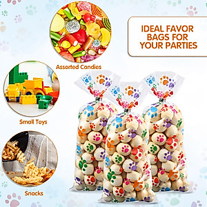 Blulu 100 Pieces Pet Paw Print Cone Cellophane Bags Heat Sealable Candy Bags Dog Paw Gift Bags Cat Treat Bags with 100 Pieces Silver Twist Ties for Pet Treat Party Favor (Colorful)