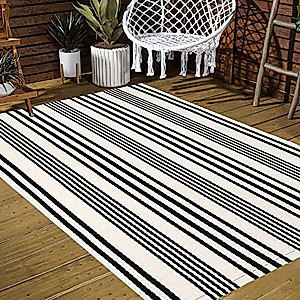 BUAGETUP Black and White Striped Outdoor Patio Rug 4' x 6',Hand Woven Cotton Patio Rug Front Porch Rug Indoor Outdoor Area Rug for Bedroom/Living/Room/Patio