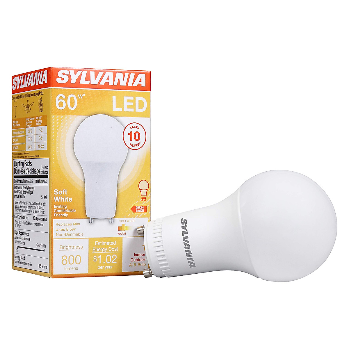 SYLVANIA A19 LED Light Bulb, 8.5W, 60W Equivalent, 10 Year, Non-Dimmable, 800 Lumens, 2700K, Soft White - 1 Pack (78106)