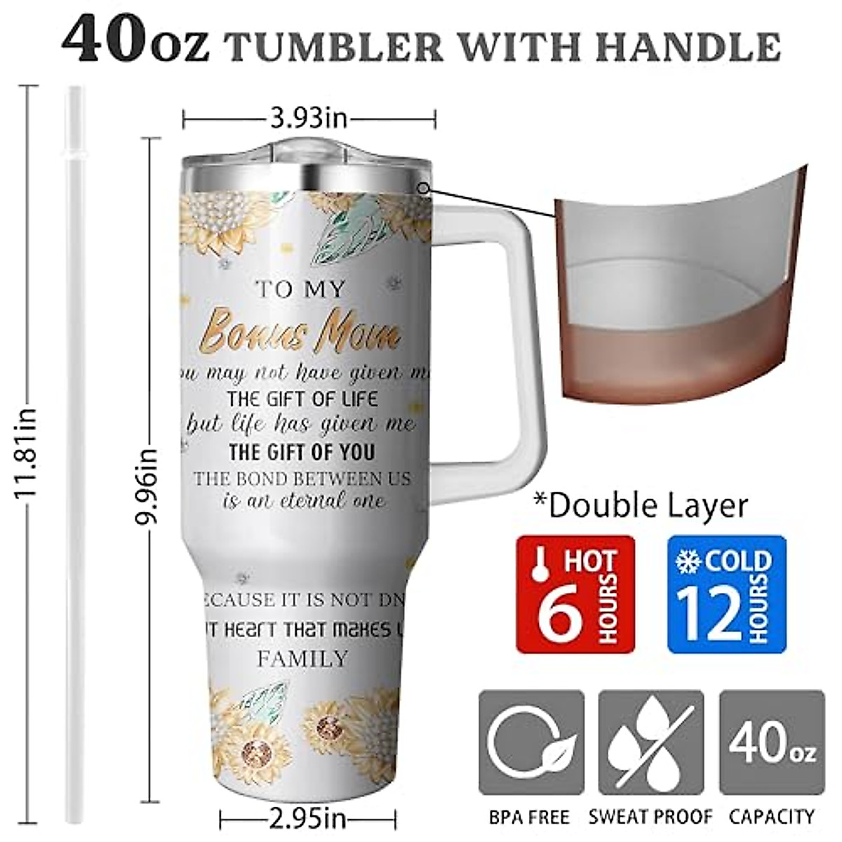 Ksoemar 40 Oz Best Bonus Mom Tumbler with Handle and Straw, Double Wall Stainless Steel Best To My Bonus Mom Cups, Step Moms Gifts for Ideas for Birthday, Mothers Day For Stepmoms, Mother