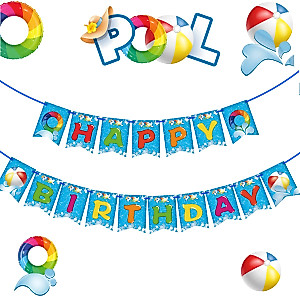 Joy Bang Pool Party Banner, Pool Party Decorations, Happy Birthday Banner for Summer Swimming Hawaiian Beach Tropical Theme Decor for Kids Adults, Birthday Party Favors Supplies