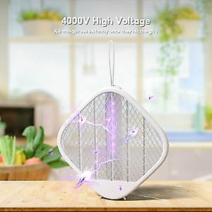 Qualitell Fly Swatter Electric Zapper Rechargeable, Mosquito Zapper Racket Kills Mosquitoes in Corners, Fly Zapper Folding Hanging Standing Handheld LED UV Bug Trap Light for Indoor Outdoor