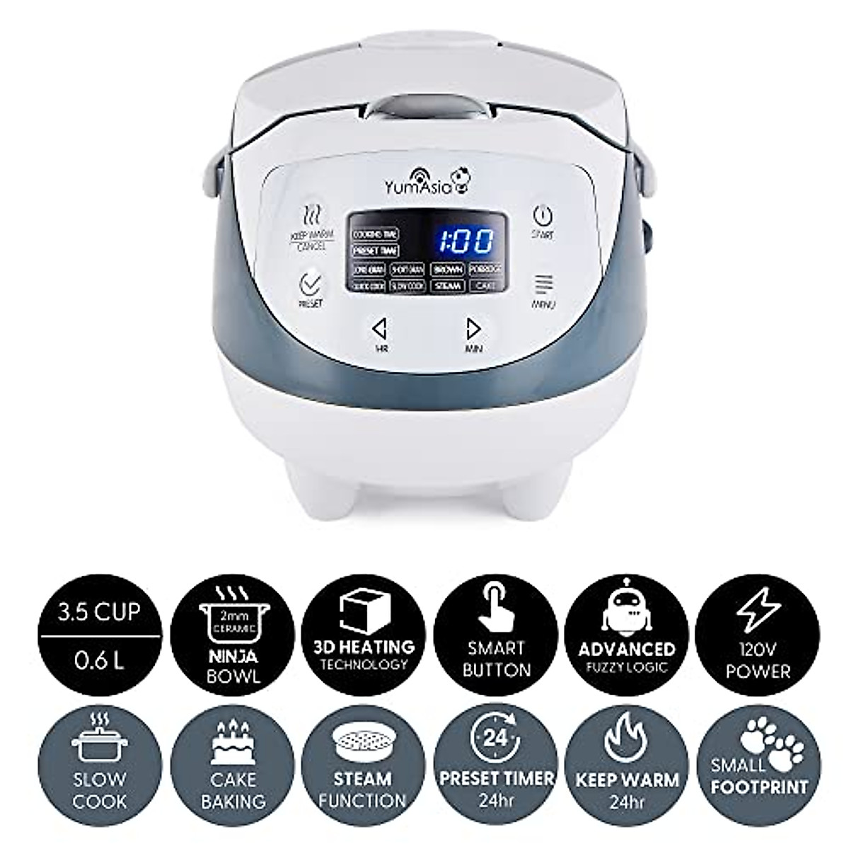 YumAsia Panda Mini Rice Cooker With Ninja Ceramic Bowl and Advanced Fuzzy Logic (3.5 cup, 0.63 litre) 4 Rice Cooking Functions, 4 Multicooker functions, Motouch LED display - 120V (White and Grey)