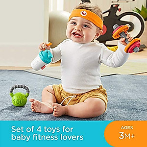Fisher Price Teething & Rattle Toys Baby Biceps Gift Set, Gym-Themed for Infant Fine Motor & Sensory Play, 4 Pieces