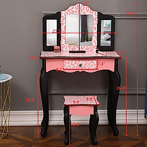 Guangshuohui Vanity Set with Mirror and Stool for Girls, Makeup Dressing Table with Drawer, Make Up Vanity Desk Princess Vanity Table for Girls (Red Leopard Print)