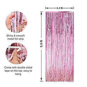 Crosize Pink Foil Fringe Backdrop Streamer Curtains for Birthday Party Decorations, Tinsel Curtain for Parties, Galentines Decor, Preppy, Photo Booth -3.3 x 9.9 ft, 3 Pack