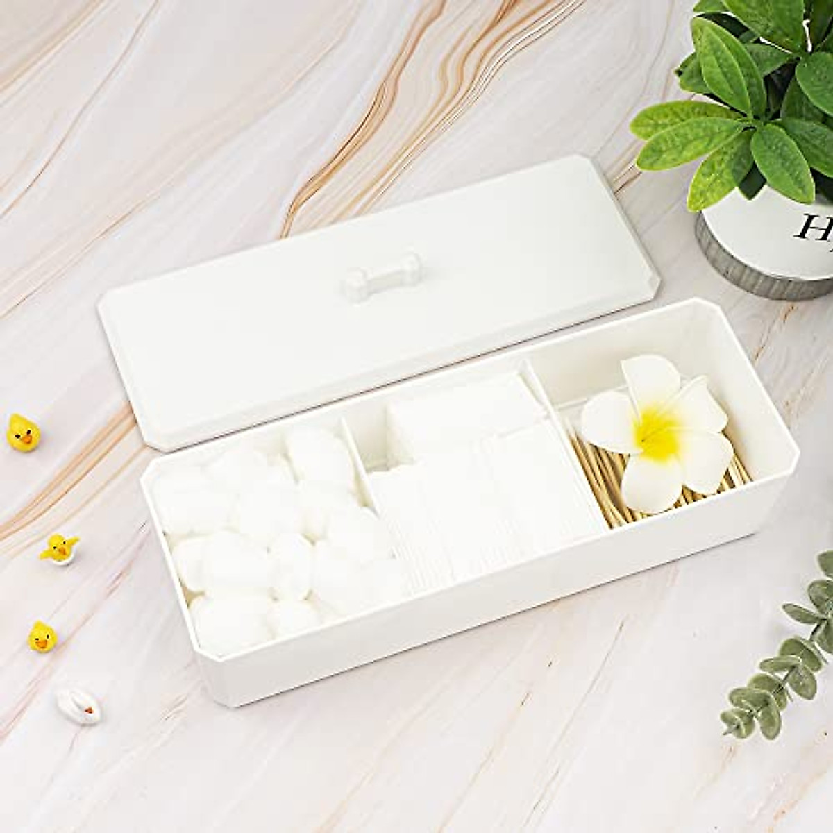 Ezebesta 3 Divider Organizer for Cotton Swab Ball Qtip Cotton Pads Holder Plastic Container Dispenser Box with Lid for Bathroom Storage (White)